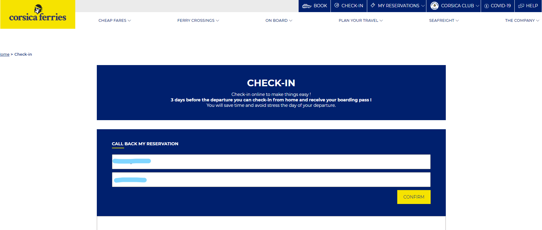 Processus d'enregistrement en ligne de Corsica Ferries